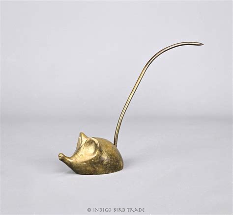 Vintage Solid Brass Mouse Ring Holder Mid Century Gold Metal Mouse