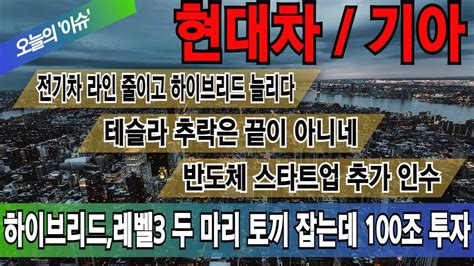 현대차 주가전망 전기차 라인 줄이고 하이브리드 늘리다 테슬라 추락은 끝이 아니네 반도체 스타트업 추가 인수 하이브리드레벨3 두 마리 토끼 잡는데 100조 투자