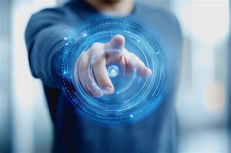 Futuristic Interface With Hand Interacting With Digital Hologram And Circular Data Elements