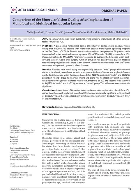 Pdf Comparison Of The Binocular Vision Quality After Implantation Of Monofocal And Multifocal
