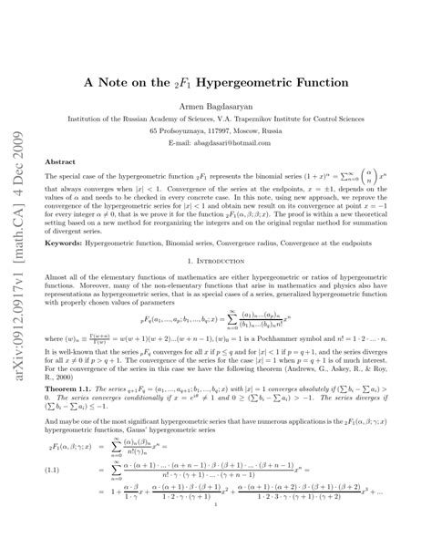 Pdf A Note On The 2f1 Hypergeometric Function