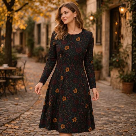 Floral Long Sleeve Fall Dress With Pockets Elegant Black Midi Dress