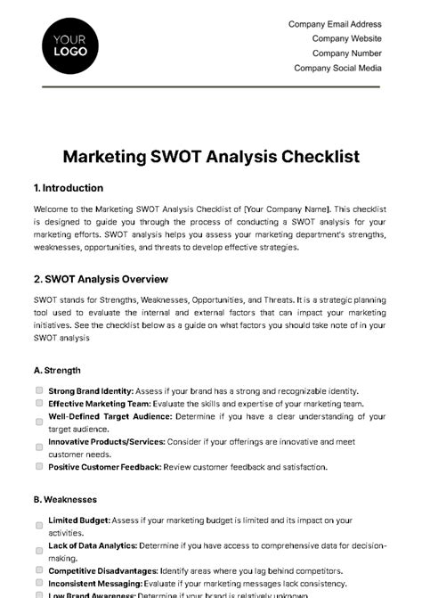 Free Marketing Swot Analysis Checklist Template To Edit Online