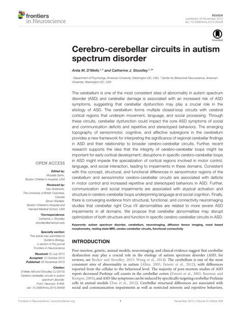 Pdf Cerebro Cerebellar Circuits In Autism Spectrum Disorder