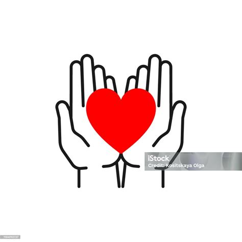 흰색 바탕에 열린 손에 심장의 검은 고립 된 개요 아이콘 붉은 마음과 손의 라인 아이콘입니다 배려 사랑 사랑의 상징 Charitable Foundation에 대한 스톡 벡터