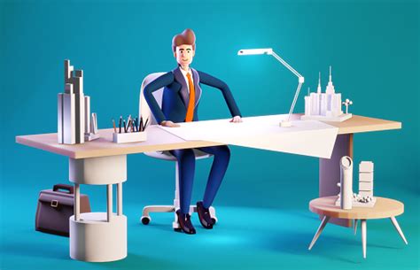 3d 렌더링 그림입니다 책상으로 일하는 성공적인 건축가 사무실 작업 환경 바쁜 사업가 건물 모델작업 새로운 도시 모양을 만들기 개념에 대한 스톡 사진 및 기타 이미지