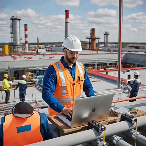 Engineer Working On Laptop5g Network Base Station On The Telecommunication Mast Radiating Signal
