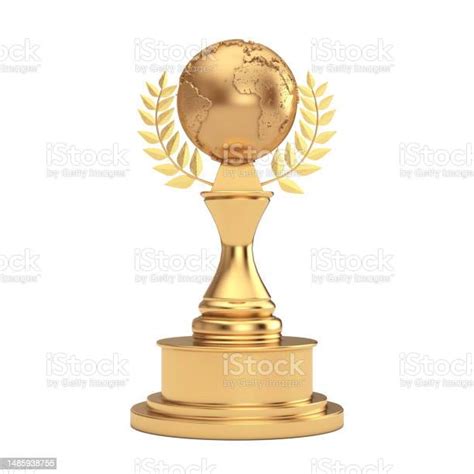 골든 어스 글로브와 월계관이 있는 골든 어워드 트로피 3d 렌더링 3차원 형태에 대한 스톡 사진 및 기타 이미지 3차원 형태 International Match 개념