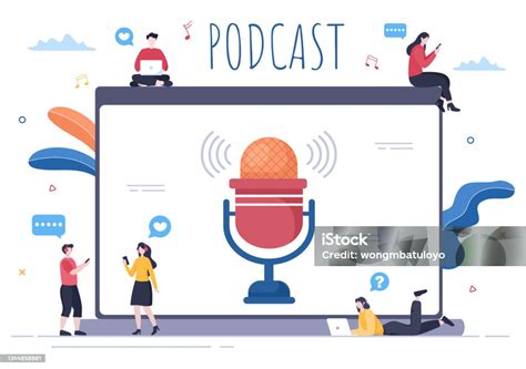 팟캐스트 배경 벡터 일러스트 는 헤드셋을 사용하여 오디오를 녹음하는 사람들 사운드 녹음 장비 및 마이크 개념으로 게스트 인터뷰 또는 온라인 쇼를 호스트합니다 공연에 대한