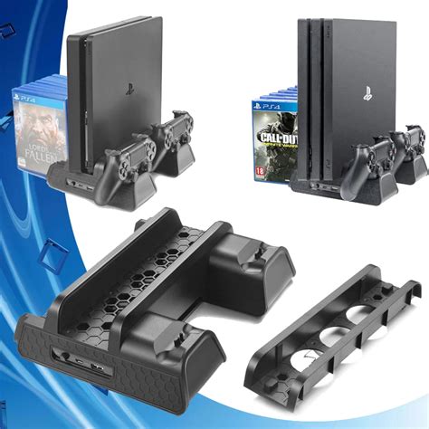 Ps4 슬림프로 콘솔 수직 스탠드 냉각 팬 쿨러 컨트롤러 충전기 홀더 스토리지 충전 스테이션 소니 플레이스테이션 4