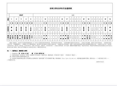 2020年5月总值班表 吉林大学党委办公室