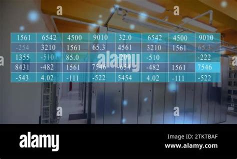 Animation Of Statistical Data Processing And Blue Glowing Spots Falling Against Computer Server