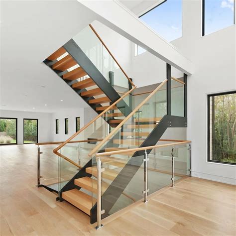 Double Beam Home Use Steel Wood U Shape Straight Staircase Glass