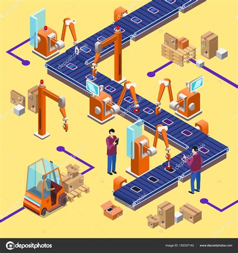 Vector Isometric Automatic Robotic Assembly Line Stock Vector Image By