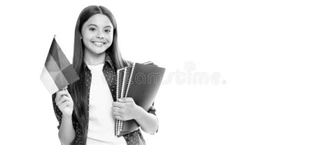 Learn Foreign Language Happy Teen Girl Hold German Flag And Workbook