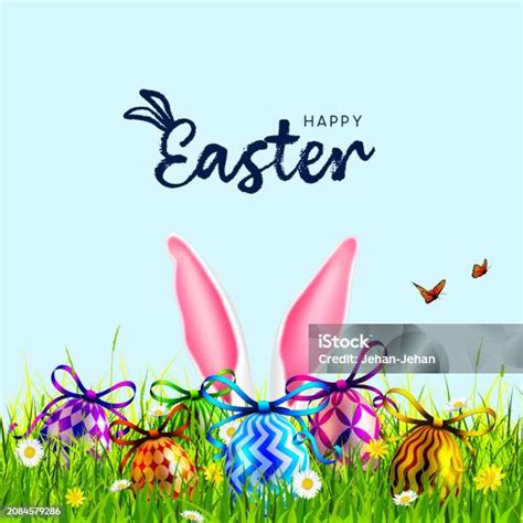 부활절 토끼 귀 리본과 리본 나비와 꽃이 있는 풀밭에 숨겨진 부활절 달걀이 있는 행복한 부활절 카드입니다 부활절 벡터 일러스트 레이 션 카드 포스터 또는 초대장 3차원