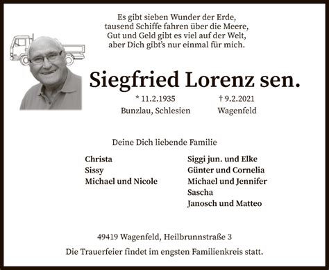 Traueranzeigen Von Siegfried Lorenz Trauer Kreiszeitung De