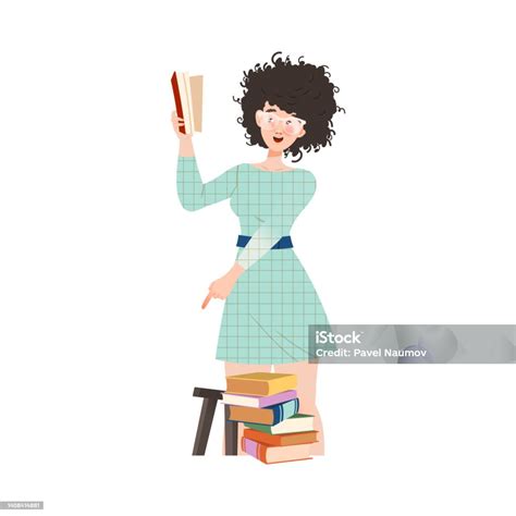 안경 읽기에 행복한 여자 캐릭터와 책 횡단 빌린 종이 책 벡터 일러스트 레이 션 개념에 대한 스톡 벡터 아트 및 기타 이미지