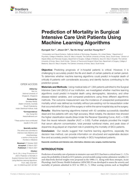 Pdf Prediction Of Mortality In Surgical Intensive Care Unit Patients