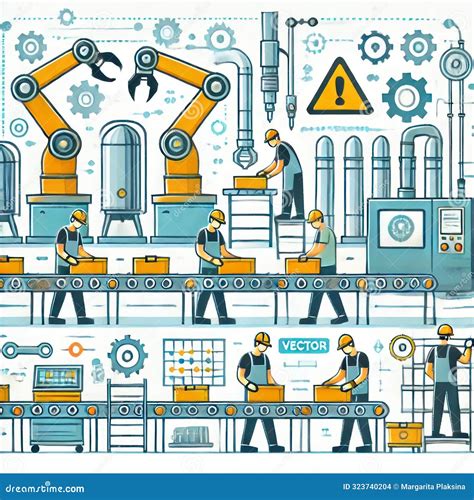 Automated Factory Production Line With Workers And Robots Ai Generated Cartoon Illustration