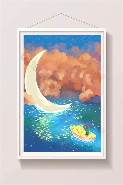 月亮船小女孩海上明月插画图片 包图网