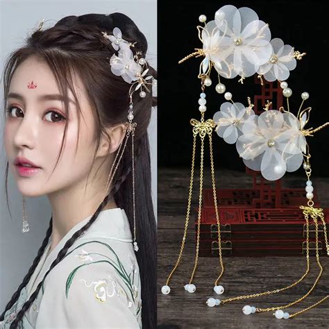 Hanfu 중국 헤어 액세서리 고대 스타일 헤어핀 술 긴 체인 비즈 매달리는 헤어핀 헤어 클립 헤어 쥬얼리 머리 장식여성