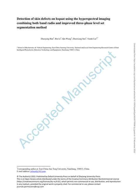 Pdf Detection Of Skin Defects On Loquat Using The Hyperspectral Imaging Combining Both Band