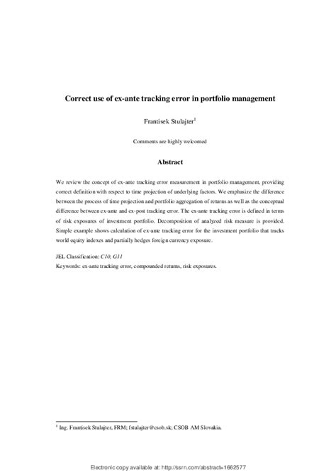 Pdf Correct Use Of Ex Ante Tracking Error In Portfolio Management