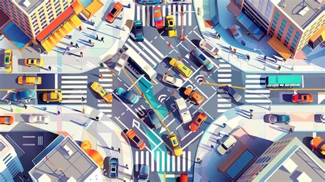 A Cartoon Illustration Of A Busy City Intersection Premium Ai