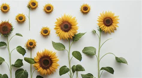 잎과 줄기가 있는 작은 해바라기로 아름답게 장식된 흰색 배경 프리미엄 사진