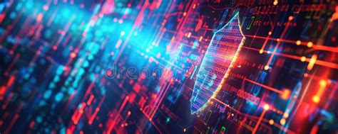 Abstract Cyber Security Theme With A 3d Shield Icon Encrypted Data Patterns And Glowing Data