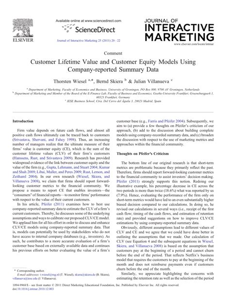 Pdf Customer Lifetime Value And Customer Equity Models Using Company Reported Summary Data