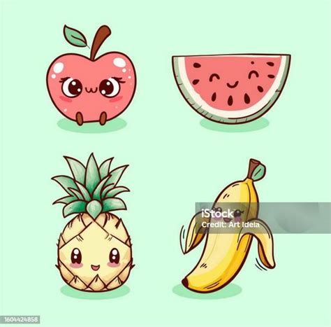 벡터 여름 음식 세트입니다 만화 스타일 그리기 바나나 사과 수박 파인애플 귀여운에 대한 스톡 벡터 아트 및 기타 이미지 귀여운 딸기 감귤류 과일 Istock