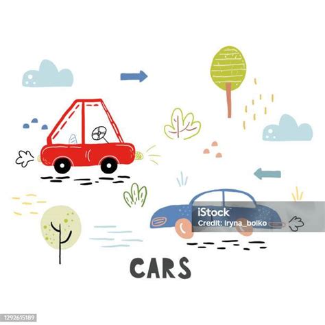 손으로 그린 귀여운 자동차와 귀여운 유치 한 프린트 만화 자동차 도로 표지판 얼룩말 횡단 벡터 일러스트레이션 어린이 직물 직물 보육 벽지에 적합 0명에 대한 스톡 벡터 아트