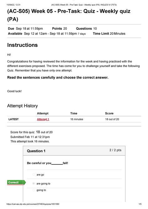 Ac S05 Week 05 Pre Task Quiz Weekly Quiz Pa Ingles Iv 15 09 22 12 31 AC S05 Week 05 Pre