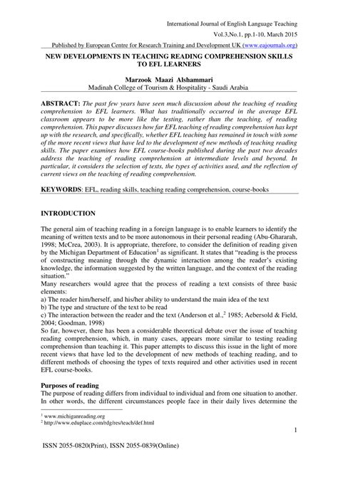 Pdf Online New Developments In Teaching Reading Comprehension Skills To Efl Learners