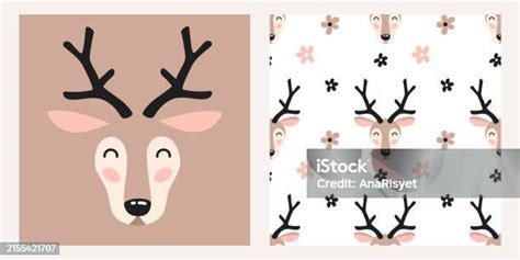 귀여운 만화 사슴 머리 프린트와 섬유 직물 포장지 보육을위한 꽃과 원활한 패턴 귀여운에 대한 스톡 벡터 아트 및 기타 이미지