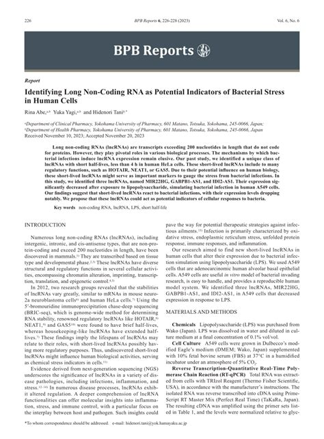 Pdf Identifying Long Non Coding Rna As Potential Indicators Of Bacterial Stress In Human Cells