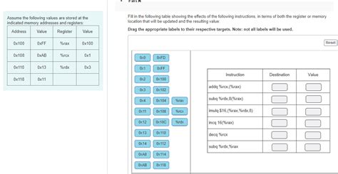 solved assume the following values are stored at the fill in