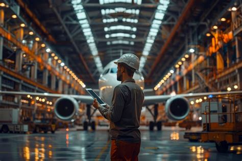 Premium Photo Aerospace Engineer Supervising Aircraft Assembly In Hangar Using Digital Tablet
