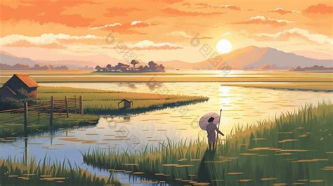 晚霞落日农田插画图片 包图网