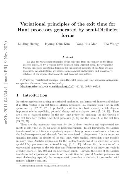 Pdf Variational Principles Of The Exit Time For Hunt Processes Generated By Semi Dirichlet Forms