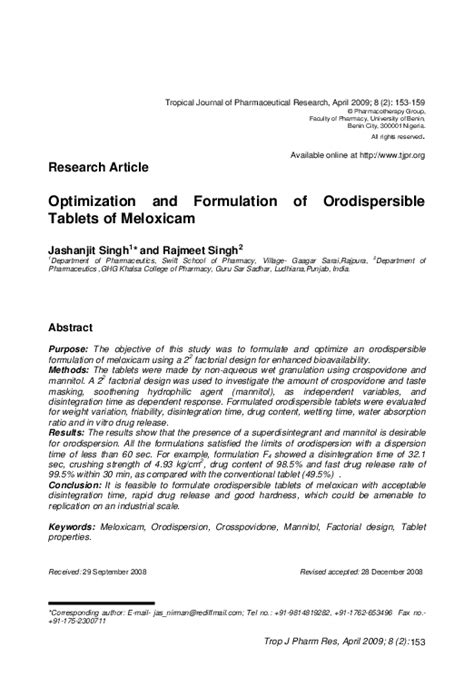 Pdf Optimization And Formulation Of Orodispersible Tablets Of Meloxicam