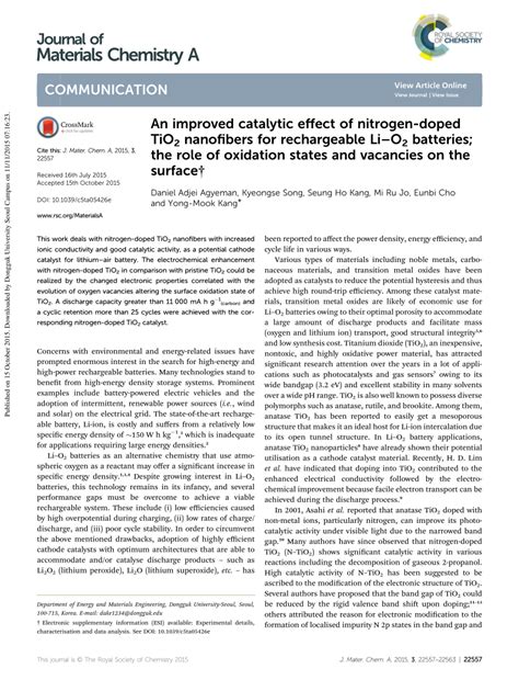Pdf Improved Catalytic Effect Of Nitrogen Doped Tio2 Nanofibers For Rechargeable Li O2