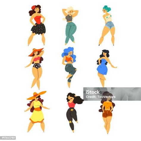 Schöne Kurvige Übergewichtige Mädchen Satz Plus Size Frauen In Modische Kleidung Pinup Model