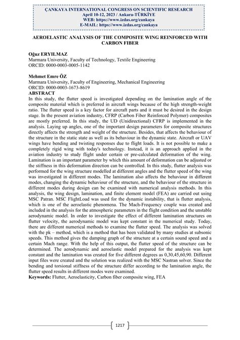 PDF AEROELASTIC ANALYSIS OF THE COMPOSITE WING REINFORCED WITH CARBON FIBER