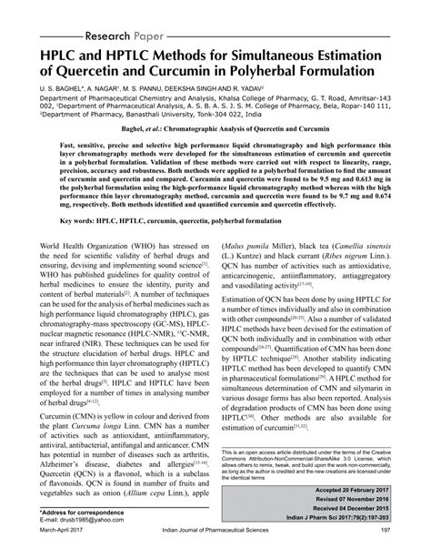 Pdf Hplc And Hptlc Methods For Simultaneous Estimation Of Quercetin And Curcumin In Polyherbal