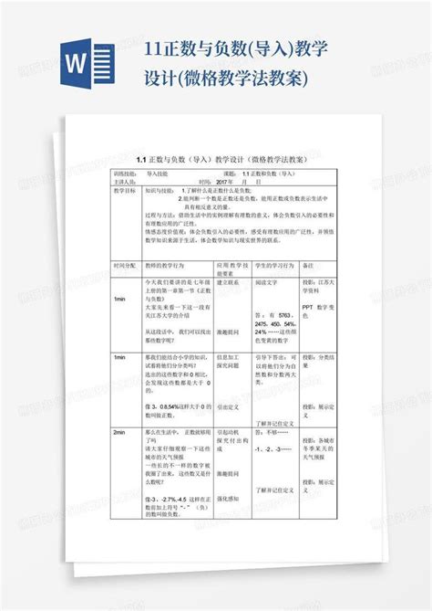 1 1正数与负数 导入 教学设计 微格教学法教案 Word模板下载 编号qpymbjed 熊猫办公