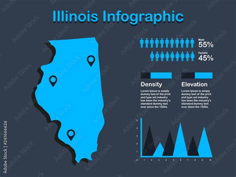 Vetor De Illinois State Usa Map With Set Of Infographic Elements In Blue Color In Dark