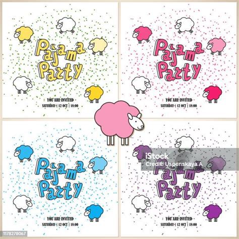 잠옷 파티 잠자는 파티 파자마 파티 텍스트 공간이 있는 초대 카드 또는 포스터 템플릿 집합입니다 점프 양 잠들기 전에 양을 세는